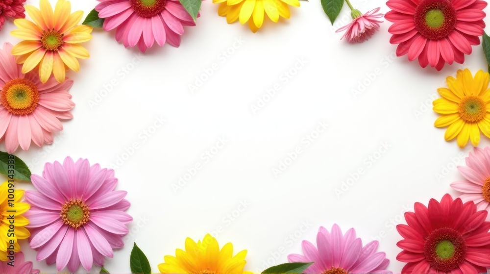 Flat lay frame of multicolored gerbera flowers on white background with ...