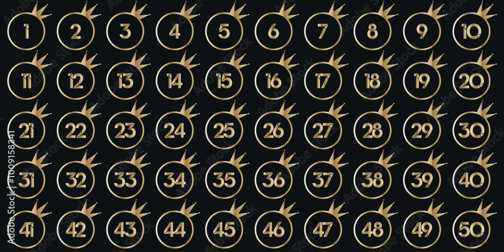 Numbers, 1 to 50 black light gold king crown circular leaf premium logo ...