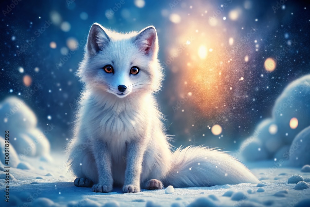 Cute anime arctic fox with big eyes sitting in a snowy landscape ...