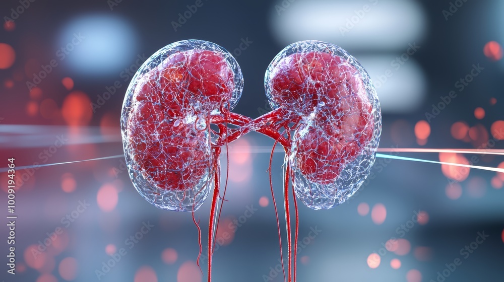 A 3D anatomical rendering of a pair of kidneys with their associated ...