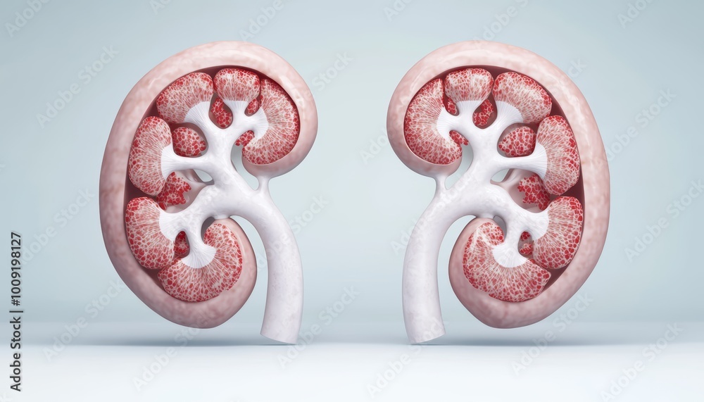 A 3D model showing the kidney's internal structure, with the renal ...