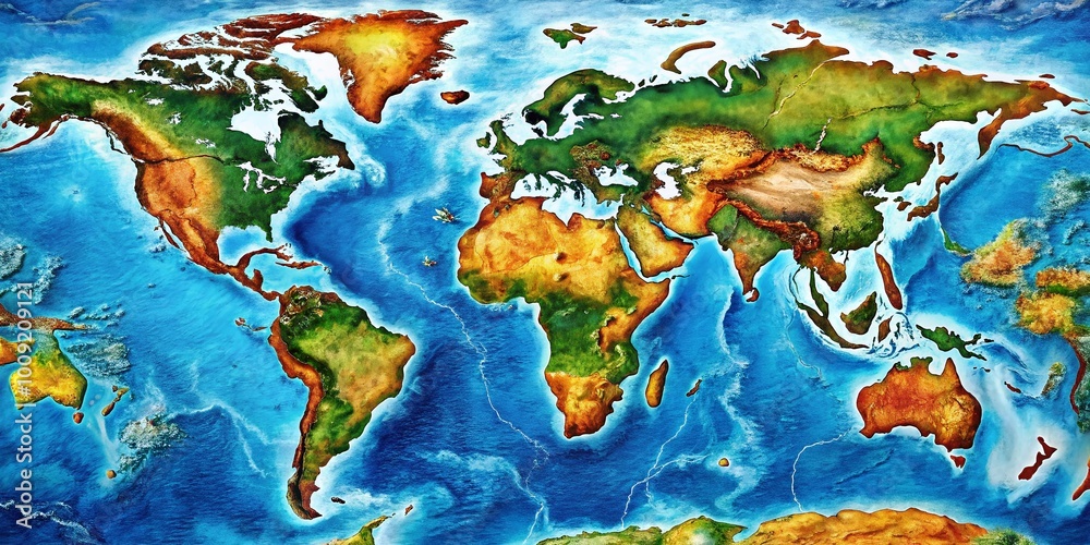 Detailed Global Map Illustration Featuring Continents, Oceans, and ...