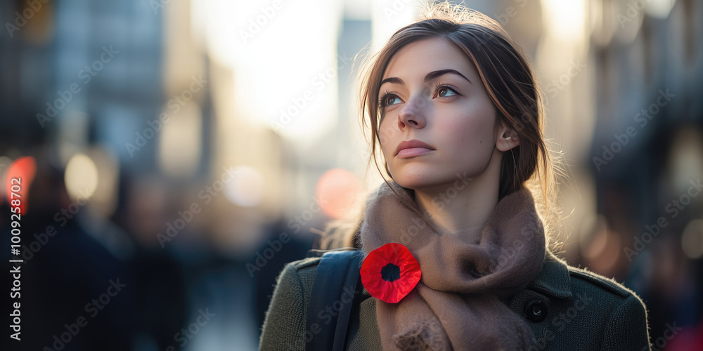 Young British woman on a street of London wearing red remembrance poppy ...