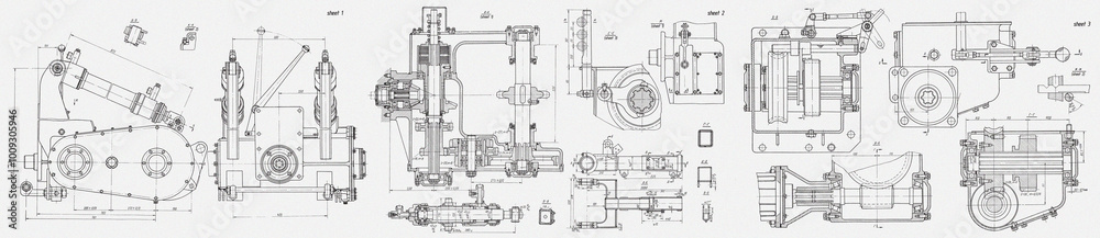Technical drawing with set of mechanical parts of bulldozer, tracked ...