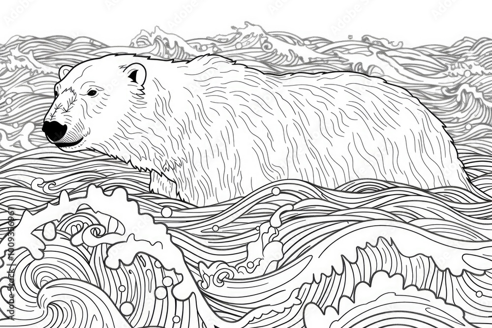 Coloring book illustration of a polar bear swimming in a sea of waves ...