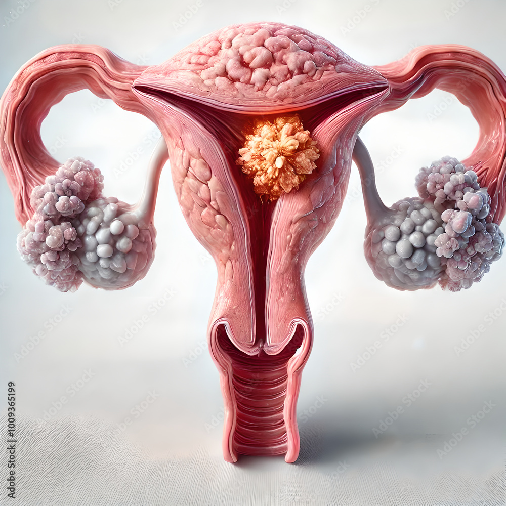 Uterine cancer. cross-section of uterus, layers endometrium, myometrium, cervix. Emphasize ...