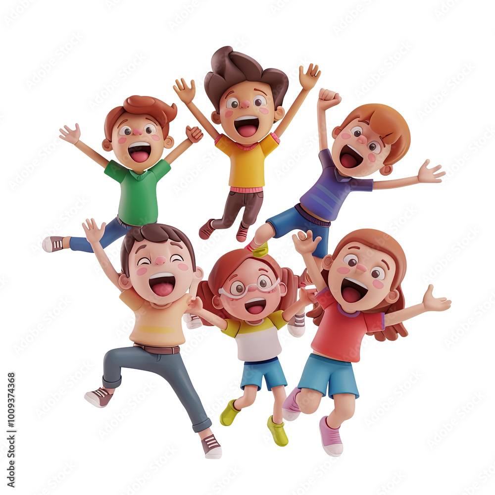 Group of happy children jumping for joy together isolated on white ...