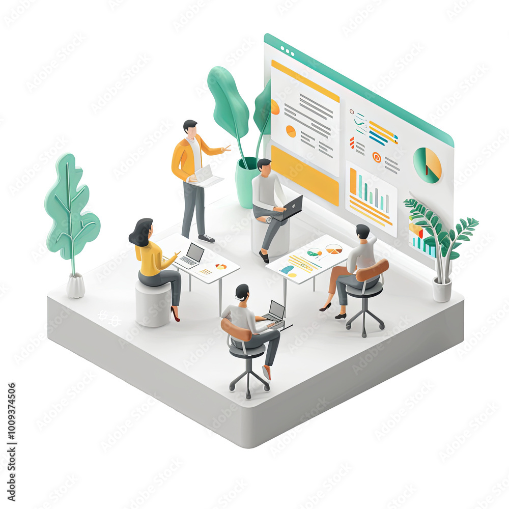 Business meeting data analysis 3D isometric teamwork collaboration ...