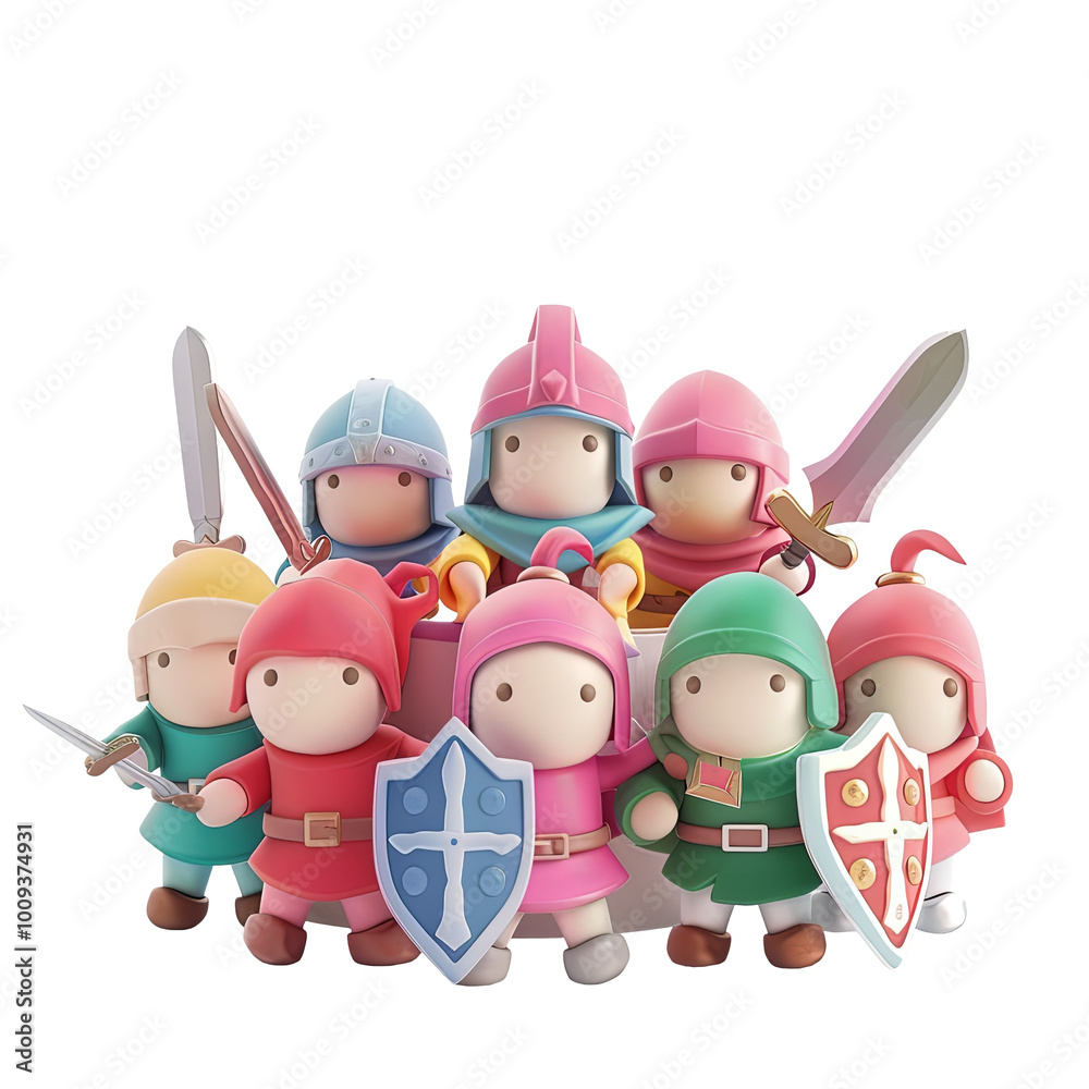 Group cute warriors 3D cartoon character game asset render videogame ...