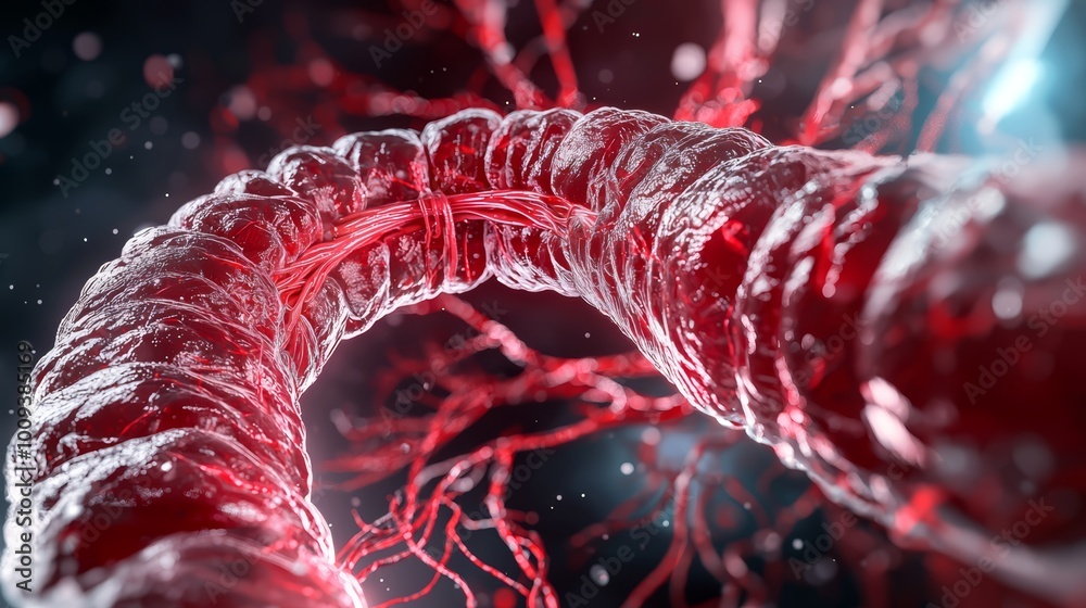 A detailed 3D rendering of the large intestine, showing its connection ...