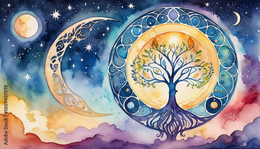 Elegant watercolor painting of tree of life with golden sun and moon ...