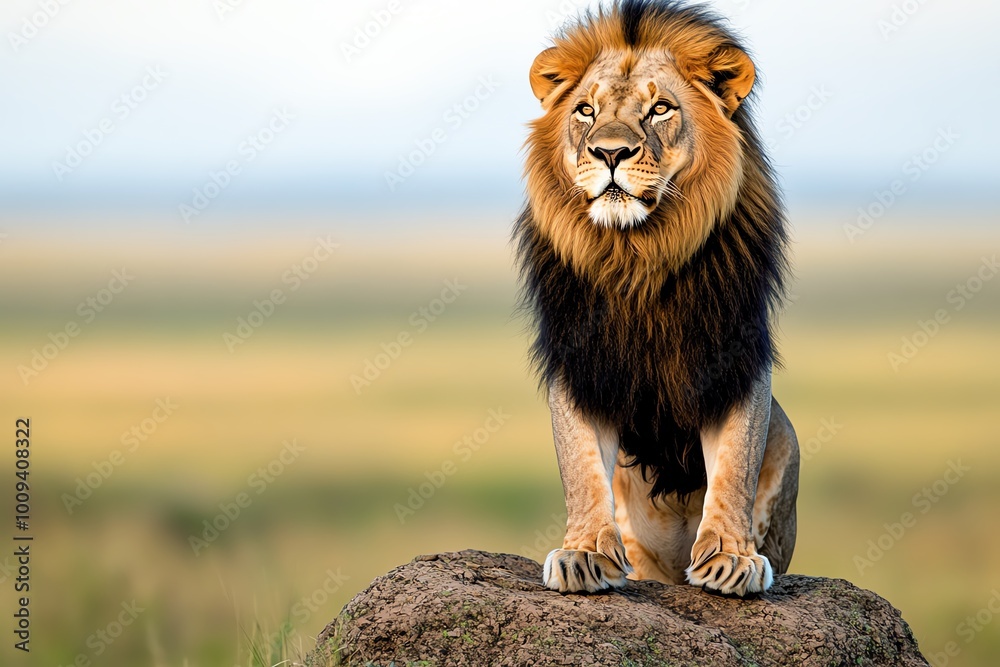 A majestic lion surveying its territory from atop a rock, with the ...