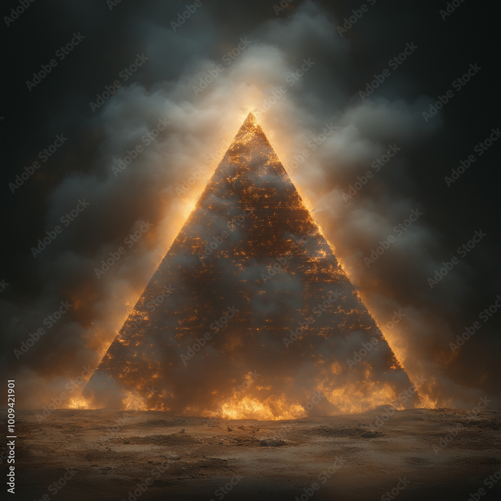 una piramide de humo hecha por laser de color blanco con tonos dorados ...
