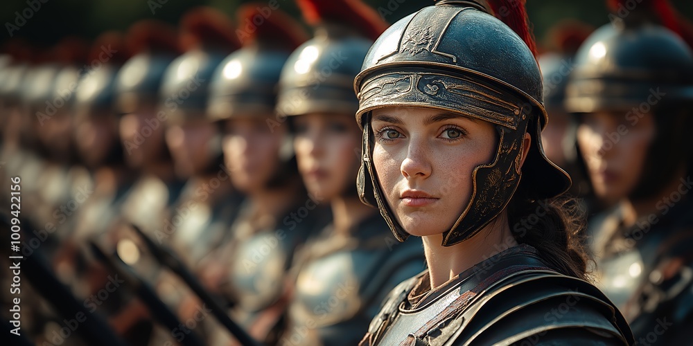 A powerful female Roman soldier in full armor, standing confidently ...
