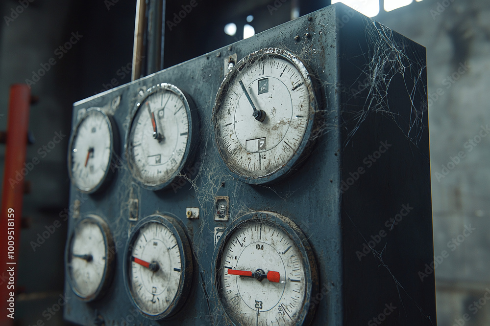 an abandoned control room in a derelict power plant, featuring analog ...
