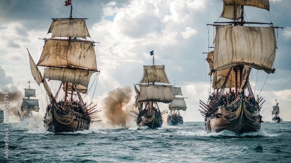 Historic naval battle scene with tall sailing ships, billowing sails ...