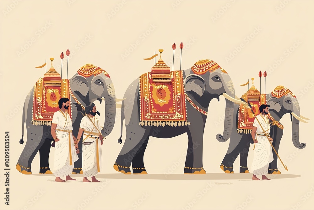 illustration of Thrissur Pooram festival with elephant in yellow ...