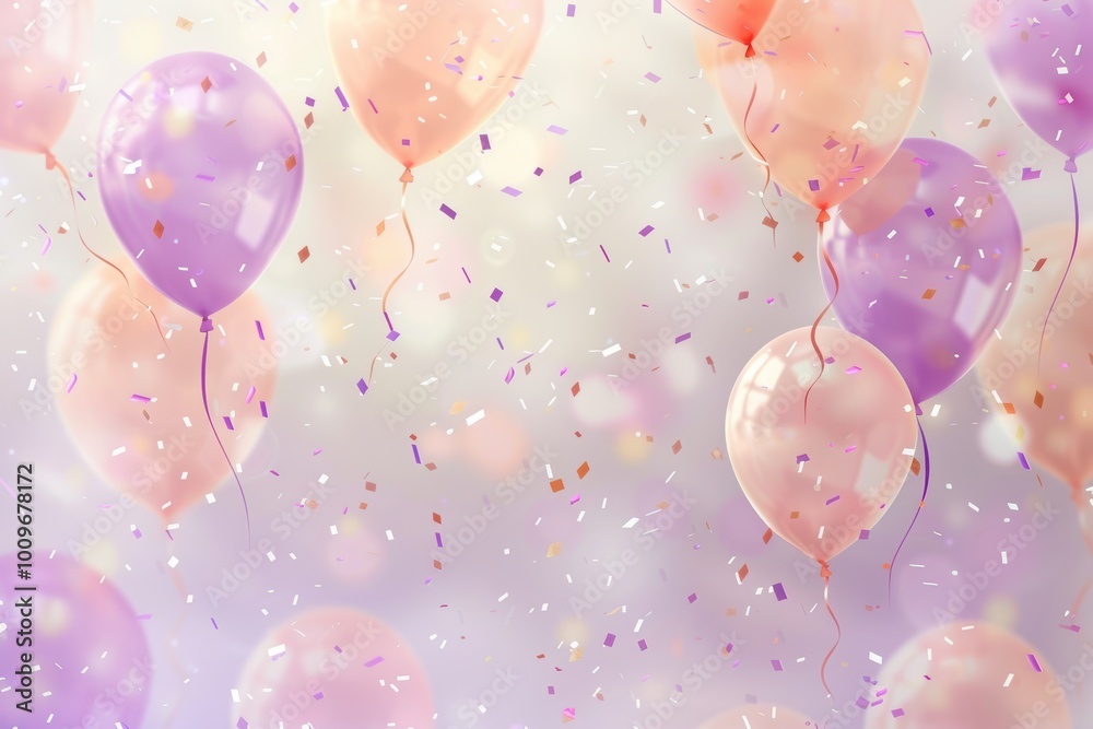 Pastel Birthday Celebration with Floating Balloons and Softly Falling ...