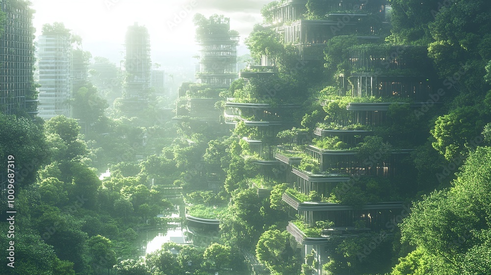 eco-friendly and sustainable urban jungle concept, featuring futuristic ...