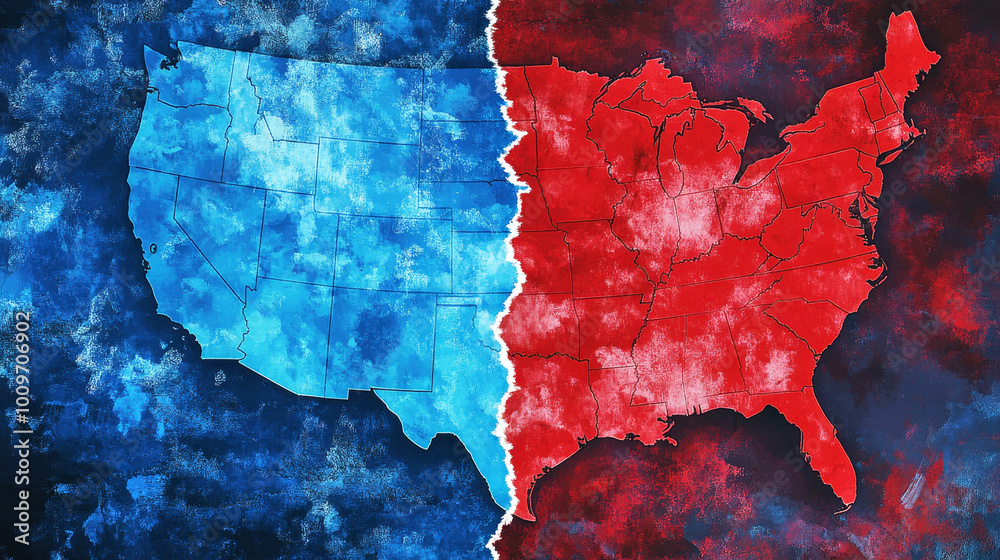Polarized map of the USA highlighting the divide between Democrats and ...