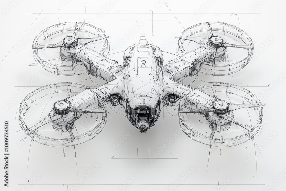 Highly detailed drone design concept in monochrome palette, industrial ...