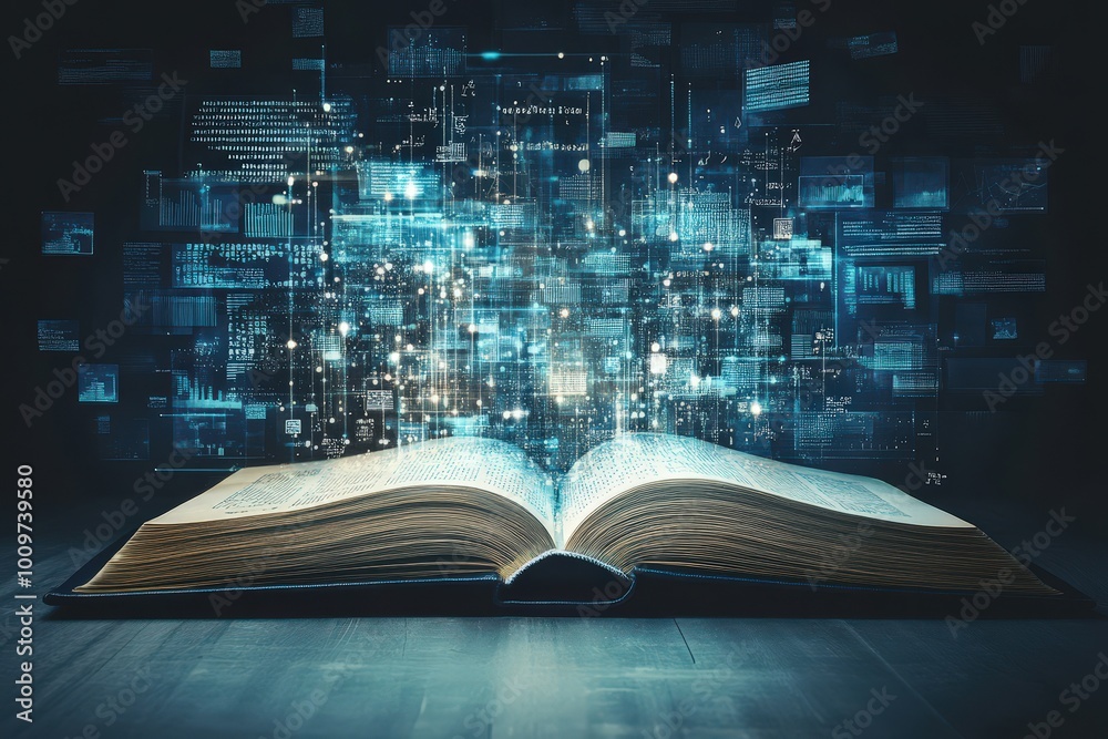 Open book with pages transforming into digital screens and data streams ...