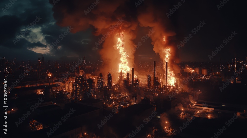 Large industrial fire engulfs city skyline at night with thick smoke ...