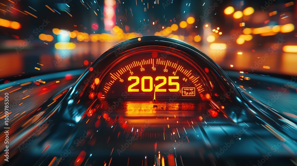Black speedometer with needle moving end to the year number "2025 ...
