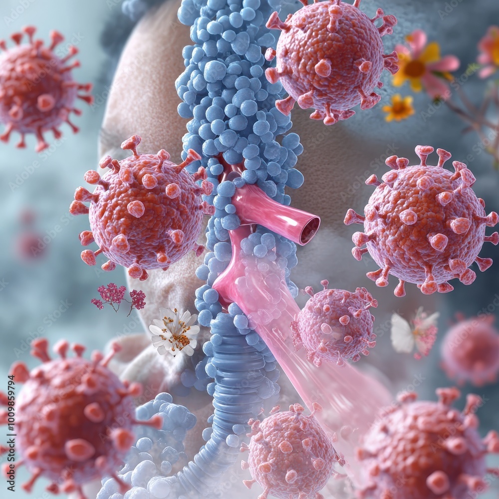 Illustration of Human Respiratory System and Viral Particles ...