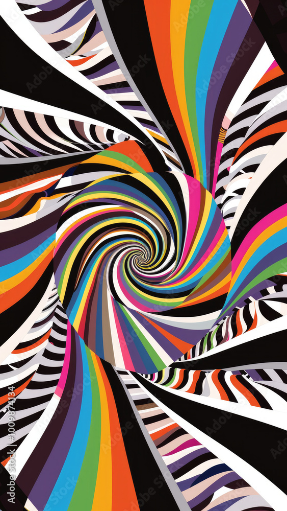 An optical illusion with stripes of varying sizes and colors, creating ...