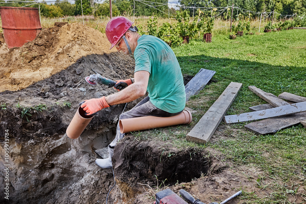 Plumber cuts off section of plastic sewer pipe during installation of ...