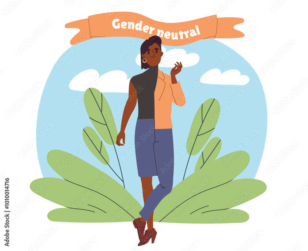 Gender neutral person. Woman and man in skirt and trousers. Tolerance ...