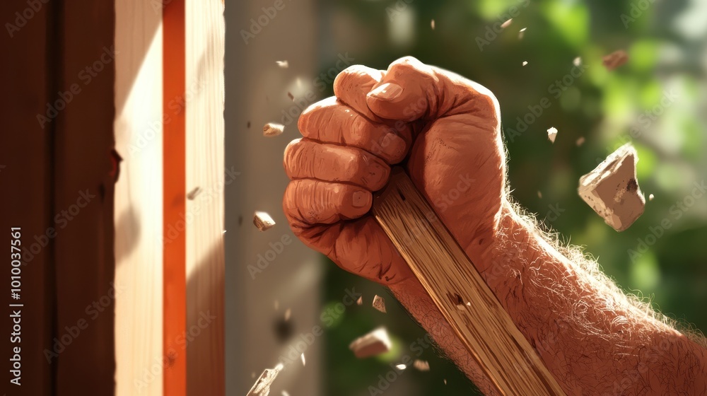 A detailed close-up shot of a strong hand gripping a wooden ...
