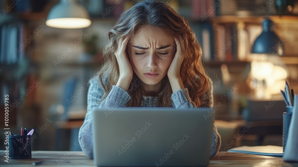 Woman feeling stressed while working on her laptop. She has her head in ...