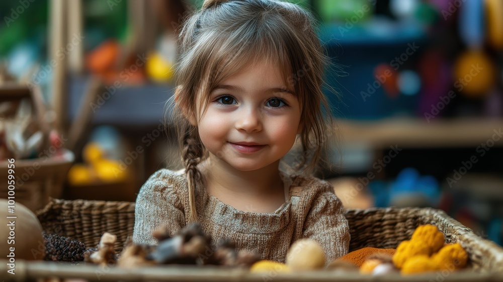 Inquisitive little girl exploring the contents of a sensory bin, filled ...