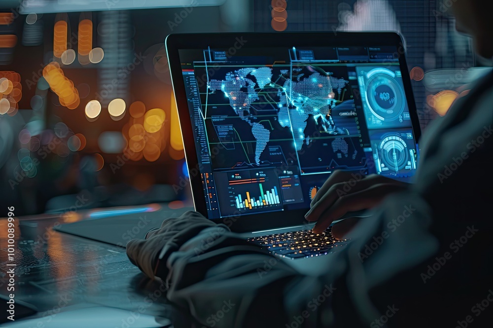 Laptop screen showing data visualizations, global map, and analytics in ...