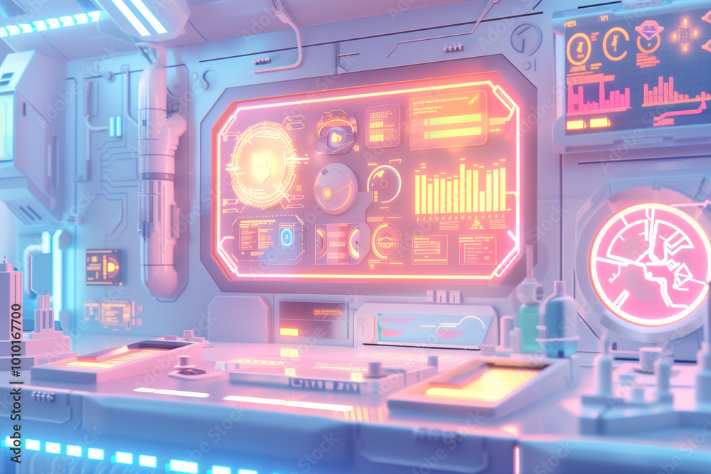 Futuristic Space Station Control Room Interface glowing pink color on holographic display ...