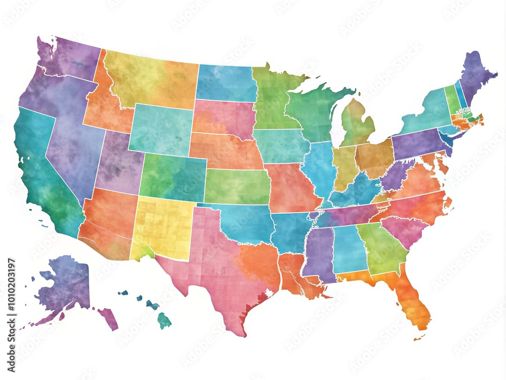 Colorful map of the United States displaying all 50 states and over ...