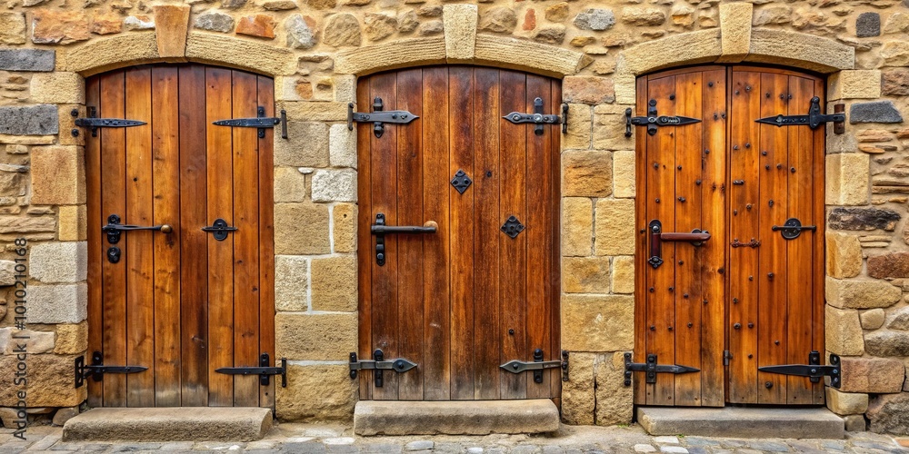Three rustic wooden doors with iron hinges and old-fashioned door ...