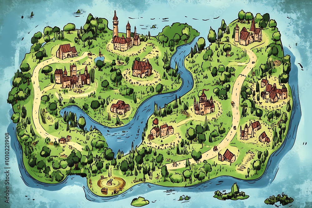 Fantasy Island Map with River and Multiple Villages for RPG Game Design ...