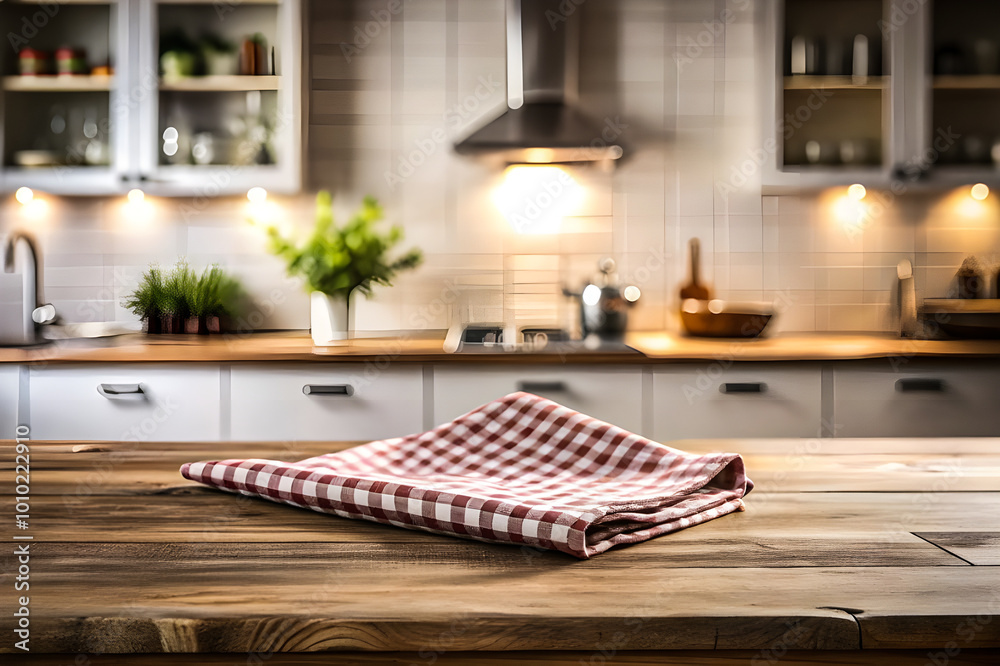Photo Fabric,cloth on wood table top on blur kitchen counter (room ...