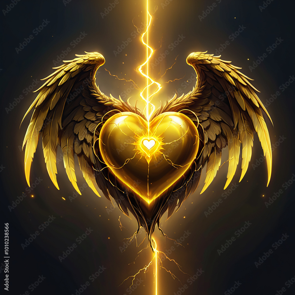 Golden heart with wings and lightning, love, power, and divine energy ...