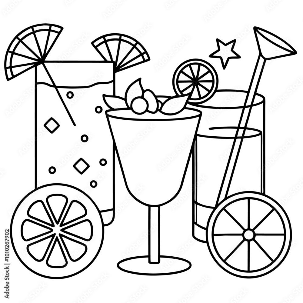 cocktails with citrus fruits outline coloring book page line art ...