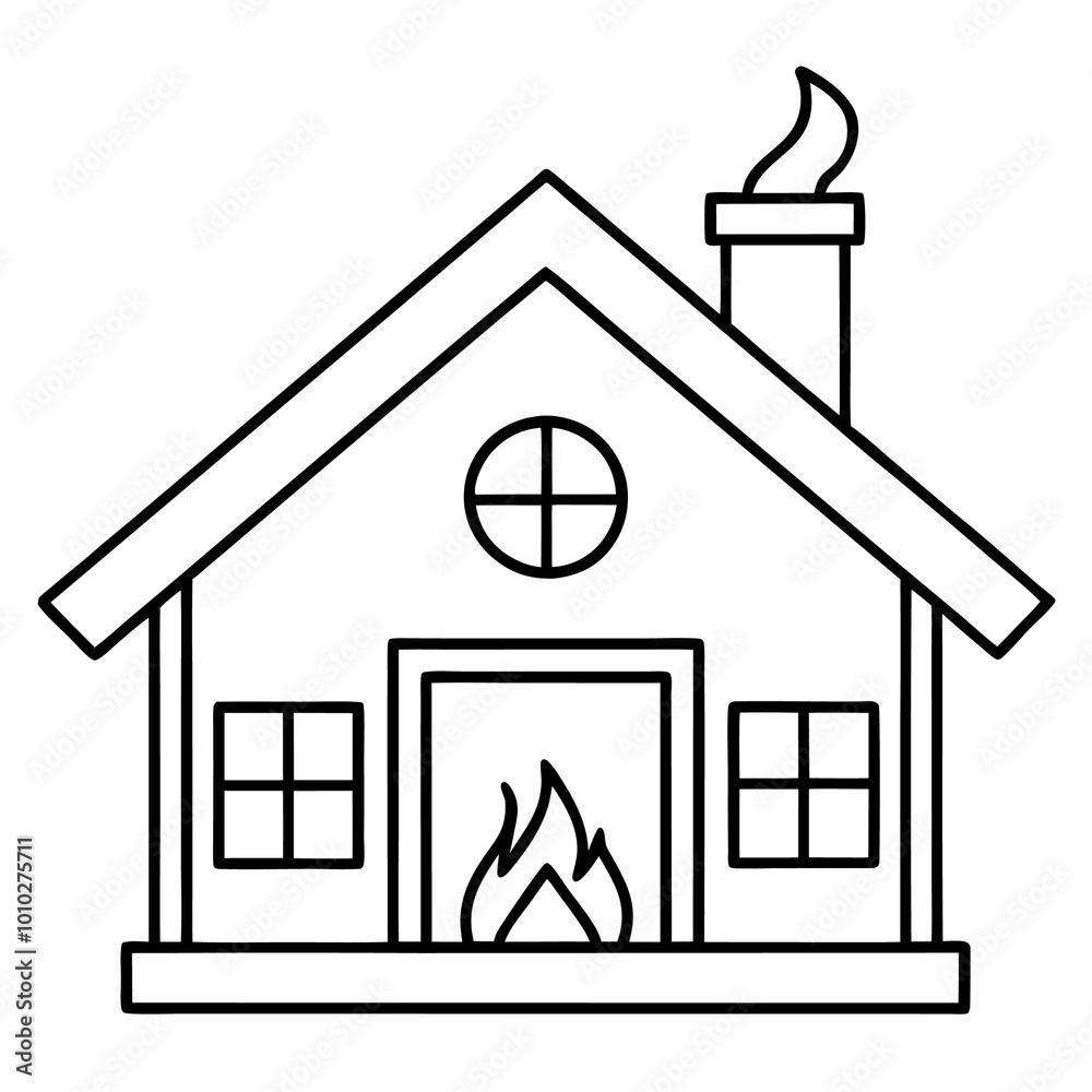 cozy house with fireplace outline coloring book page line art drawing ...
