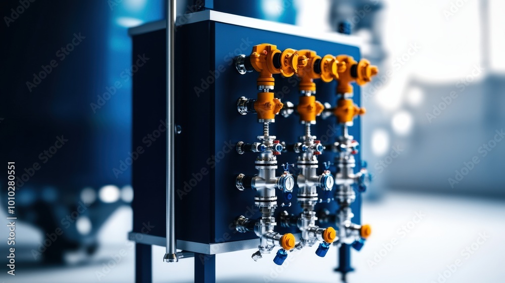 Industrial valve control panel with orange handles, blue metallic ...
