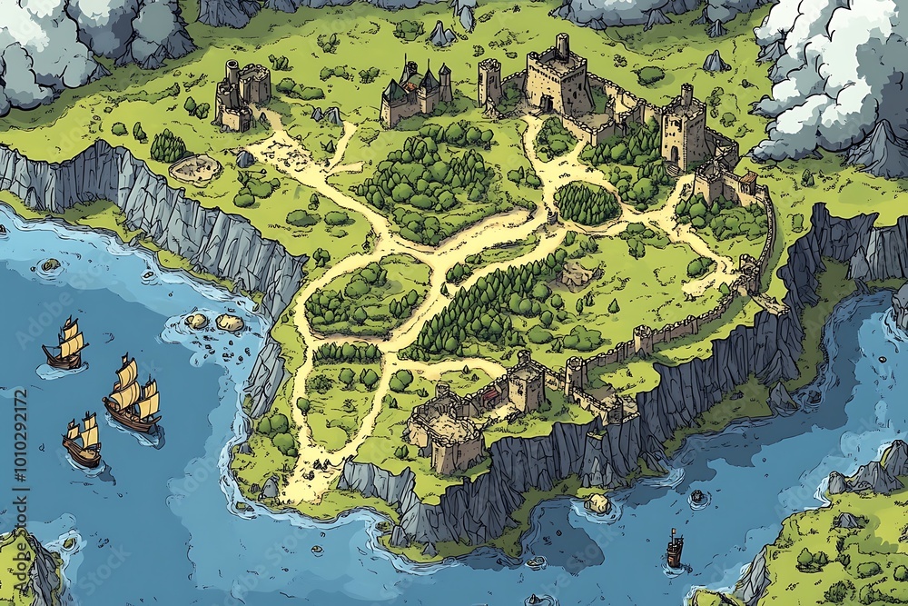 Fantasy Medieval Island Kingdom Map with Castle and Ships Stock ...