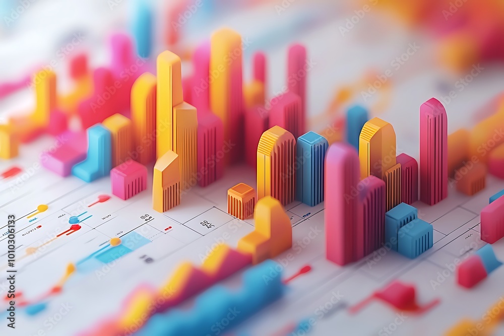 Abstract city skyline made of colorful geometric shapes on a white ...