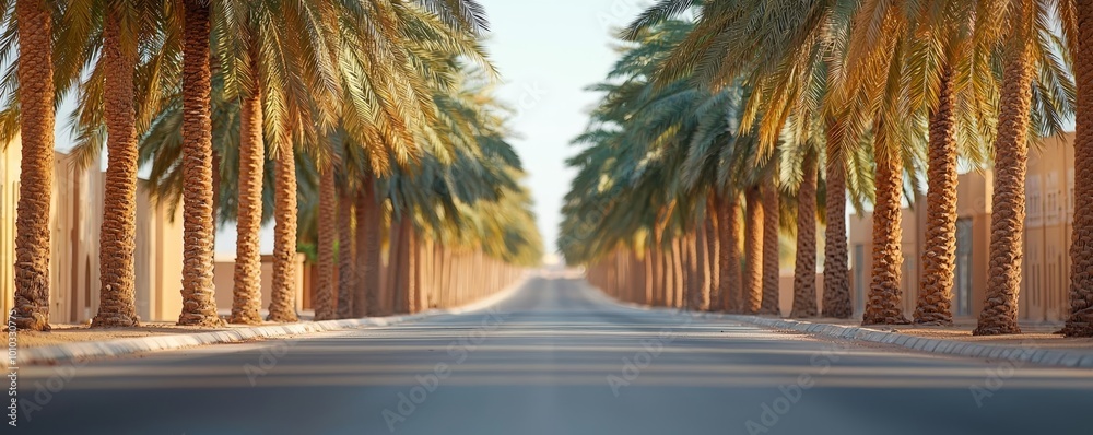 Dynamic street scene in Riyadh with rows of palm trees casting shadows ...