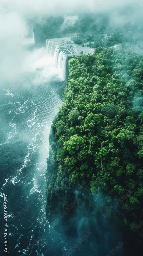 Bird's-eye perspective of Victoria Falls, mist rising from cascading ...