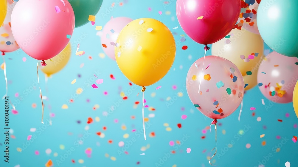 A colorful parade with confetti and balloons flying through the air focus on Celebration and ...